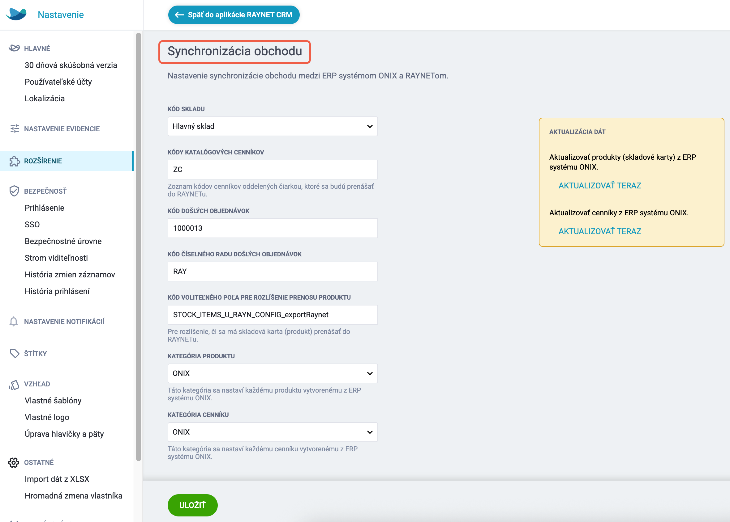 Integrace s ERP systémem ONIX od KROSu – Raynet CRM Nápověda
